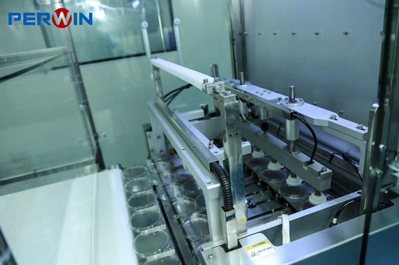 Versatile Petri Dish Filling Machine with Fluid Input Port and Stacking Unit